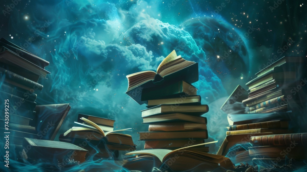 Cosmic Library of Infinite Knowledge - A mystical array of books floating in a cosmic space ...