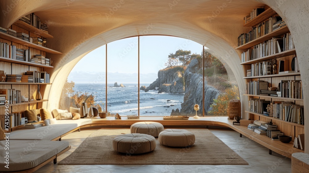 Ocean bookshelf background home office library study with window views ...