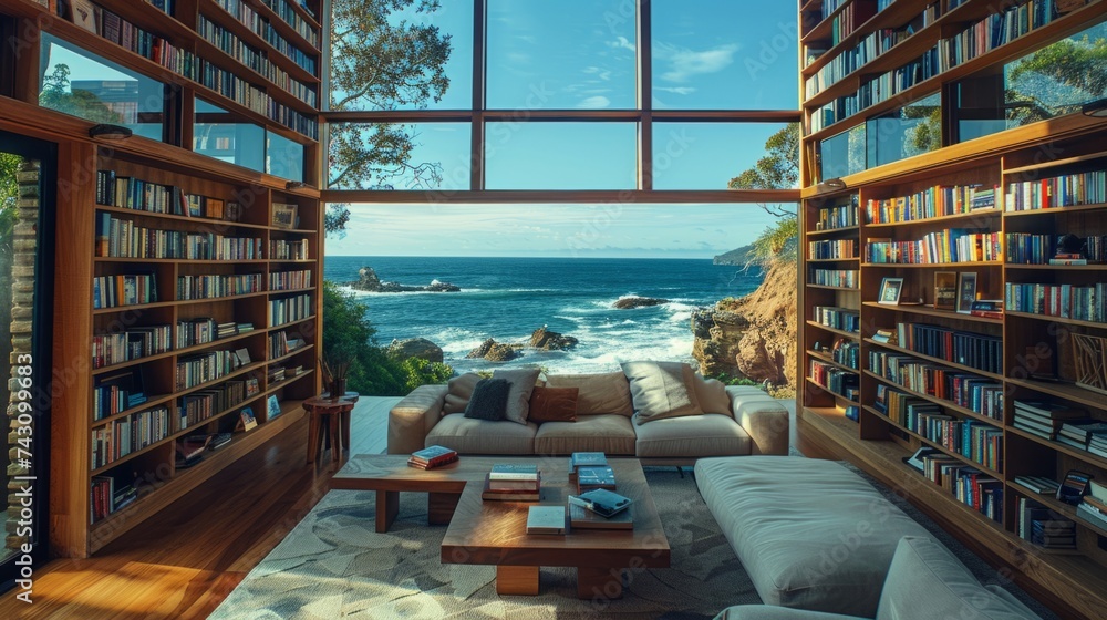 scenic ocean bookshelf background of home office library with window ...