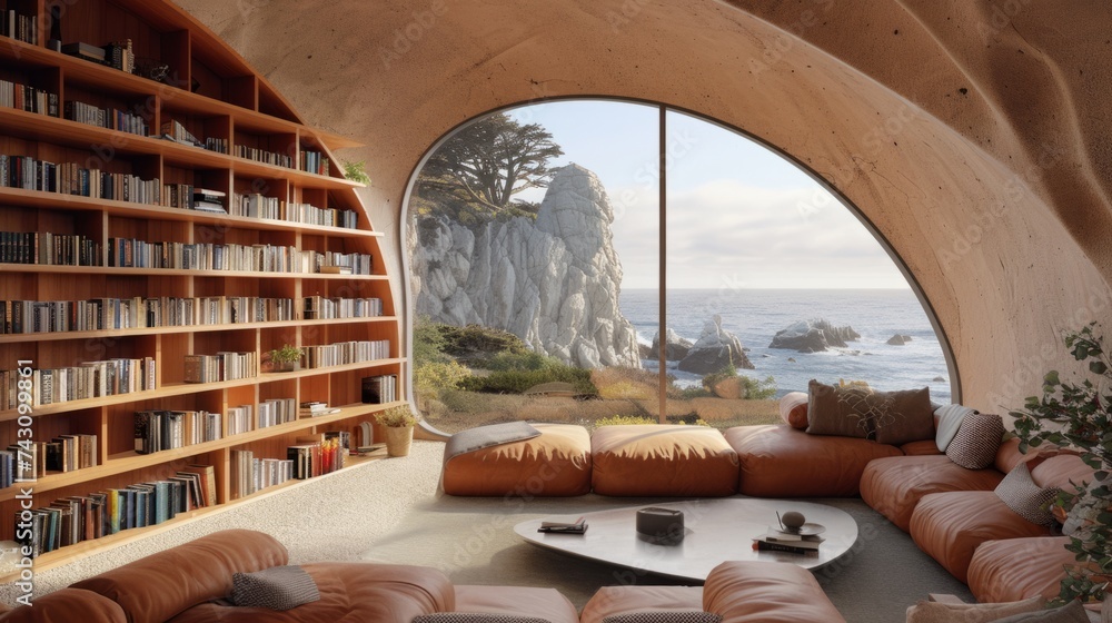 scenic ocean bookshelf background home office library with window views ...