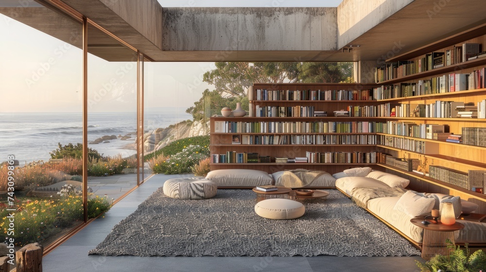 Ocean bookshelf background interior retirement home office library ...