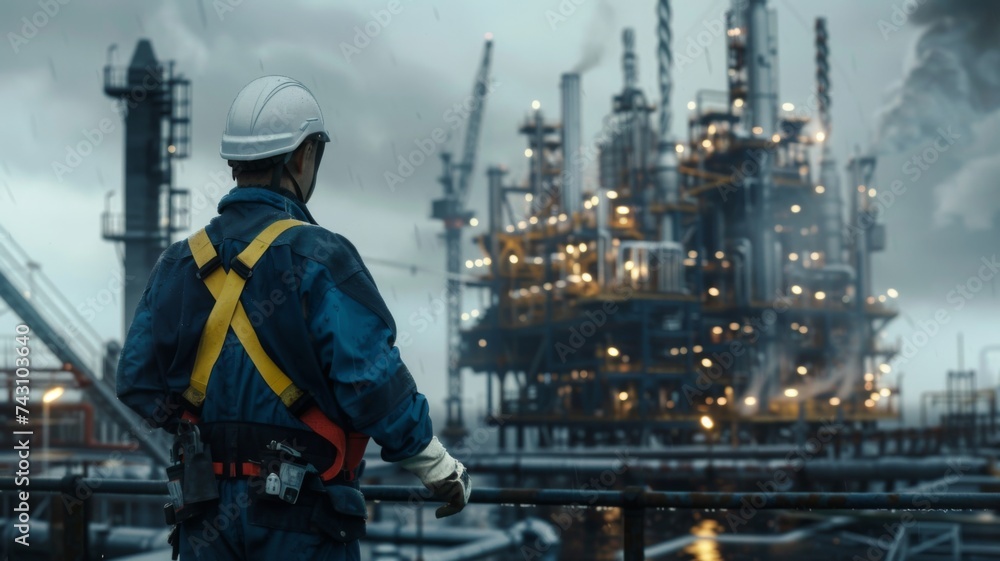 Oil Rig Worker Overseeing Sea Operations - A focused oil worker in ...