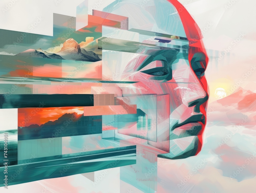 A Cubism inspired digital landscape where data streams fracture and ...