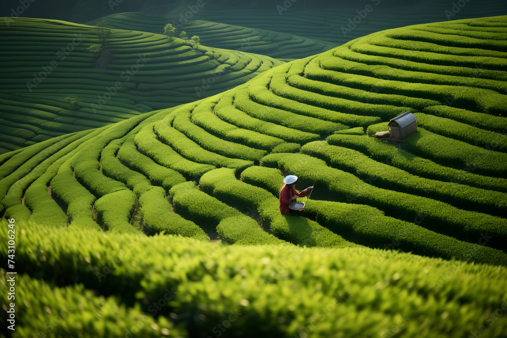 People working on Tea Farm, harvesting fresh tea, process of farming ...