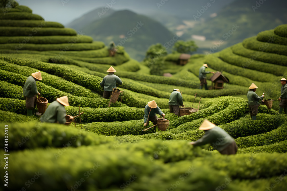 People working on Tea Farm, harvesting fresh tea, process of farming ...