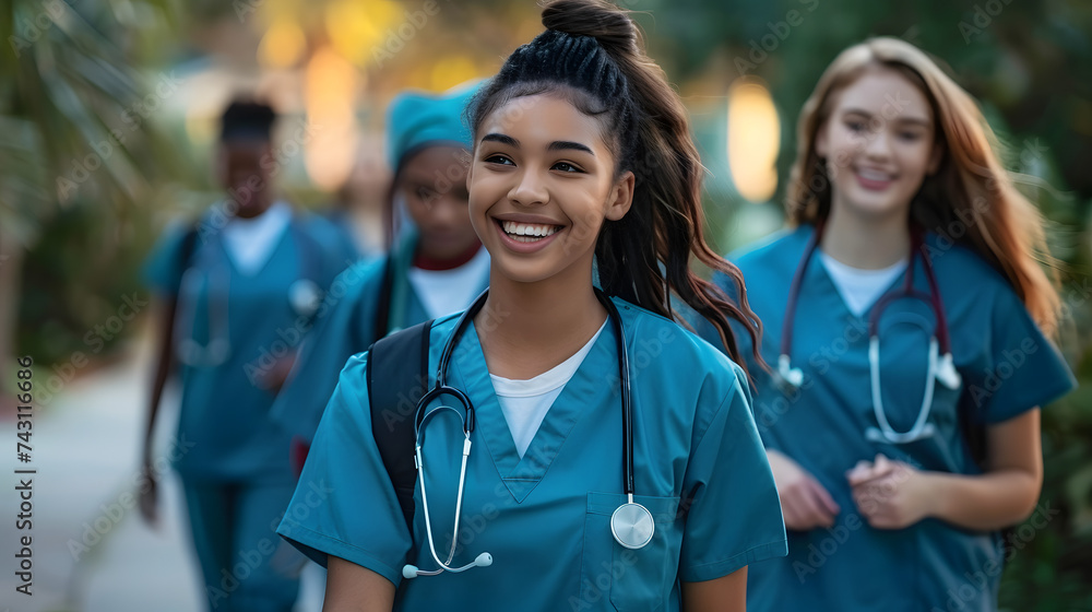 Diverse team of medical students young women in scrubs walk together on ...