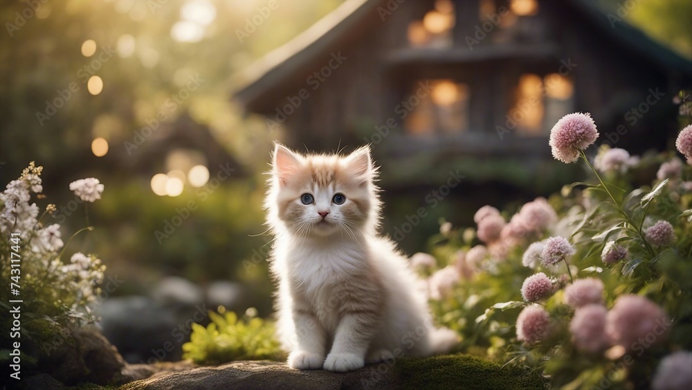 cat in the garden A delicate kitten with a soft fur coat, nestled among ...