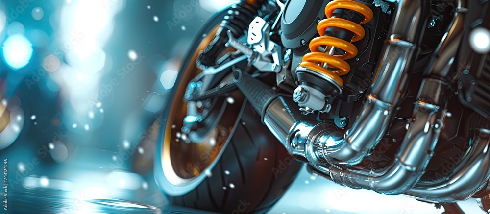 This close-up shot reveals the intricate details of a motorcycles front ...