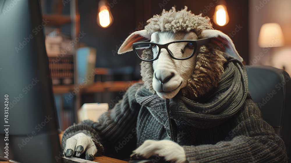 Smart sheep with glasses working in an office at computer. Illustration ...