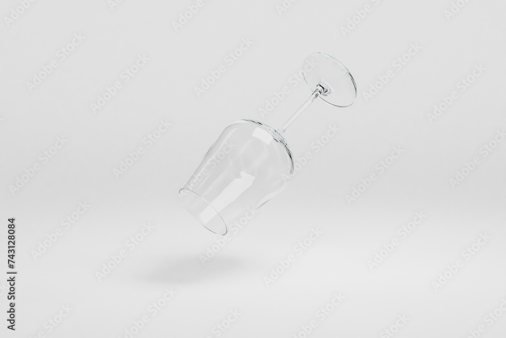 wine glass falling on clean surface isolated on infinite background; 3D ...