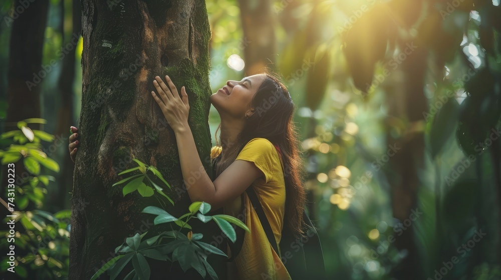 Nature lover hugging trunk tree with green musk in tropical woods ...