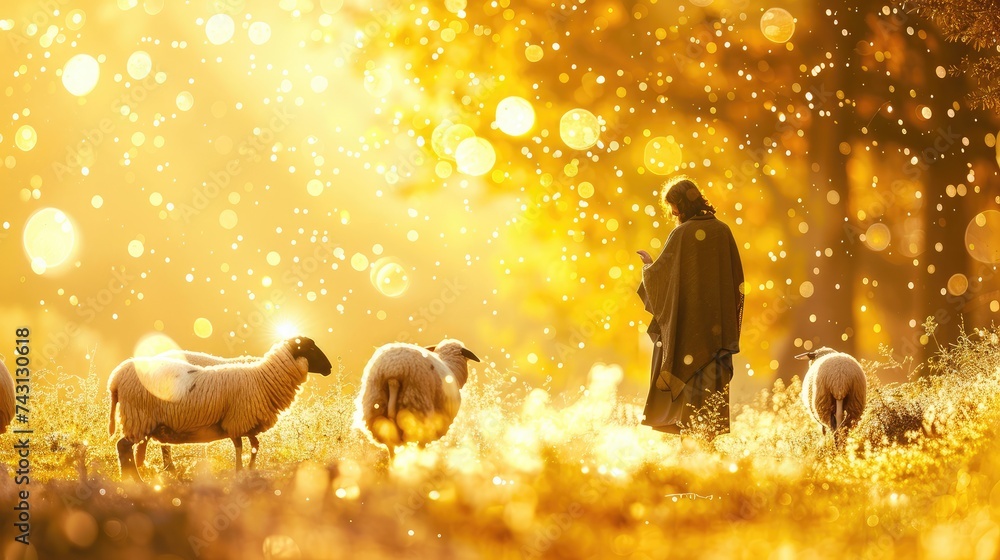 Shepherd Jesus Christ leading the sheep and praying to God and in the ...