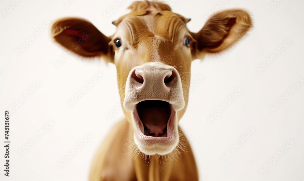 Funny brown surprised cow with open mouth at camera with on neutral ...