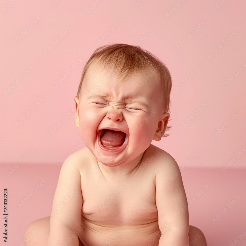 Minimal concept of little cute baby, newborn showing sadness with sad ...