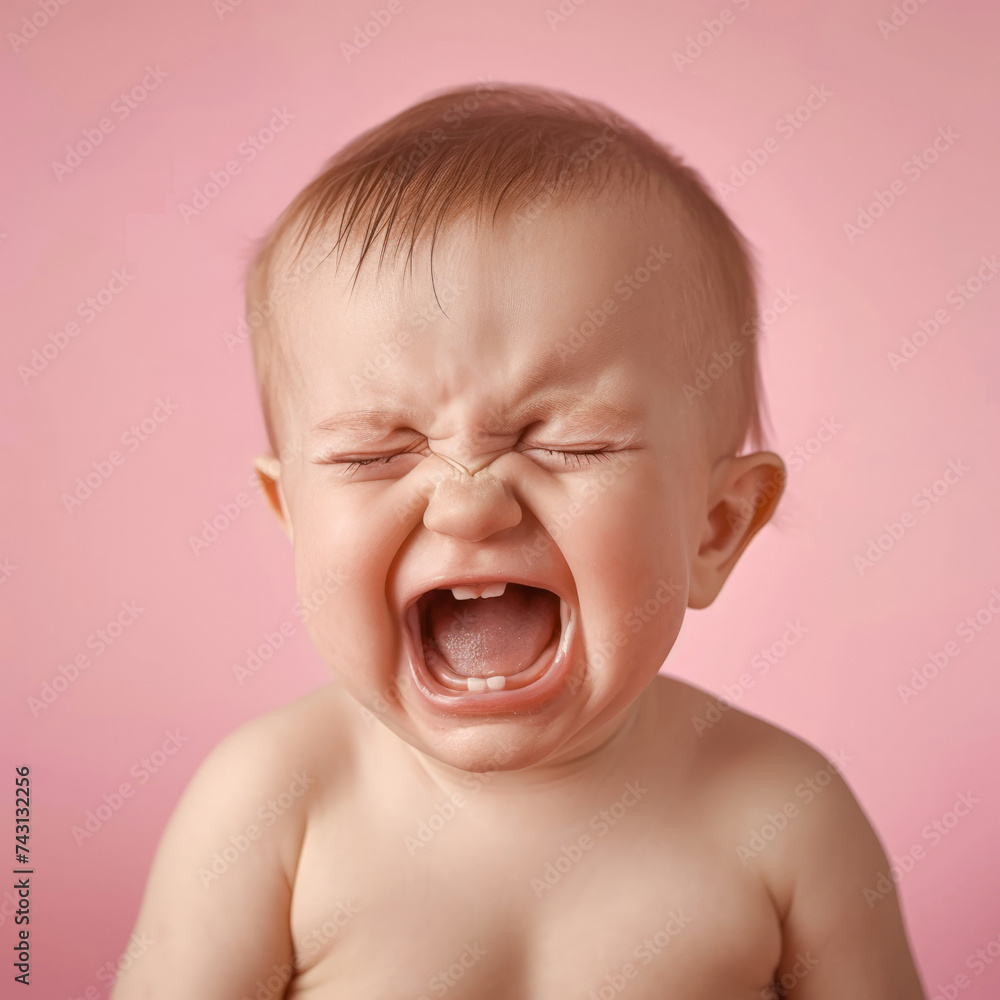 Minimal concept of little cute baby, newborn showing sadness with sad ...