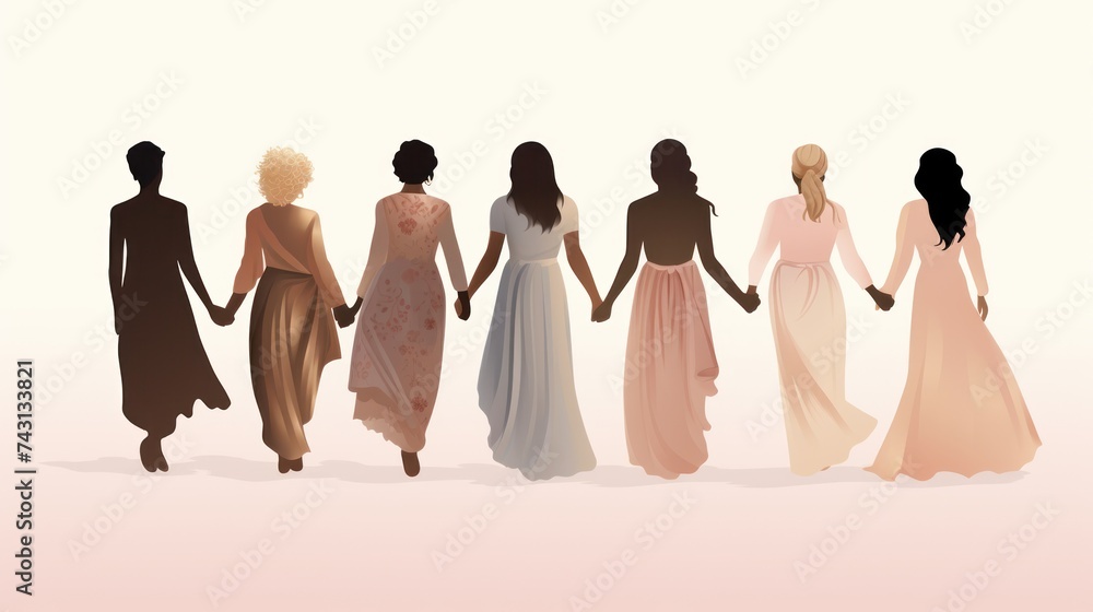 Various silhouettes of girls in the illustration, glorifying unity ...