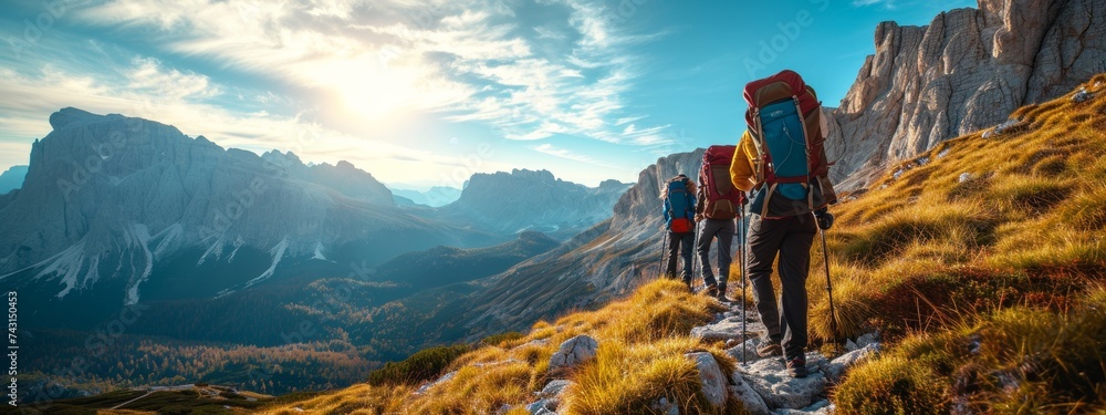 Mountain travel hike people adventure man summer journey tourism group ...