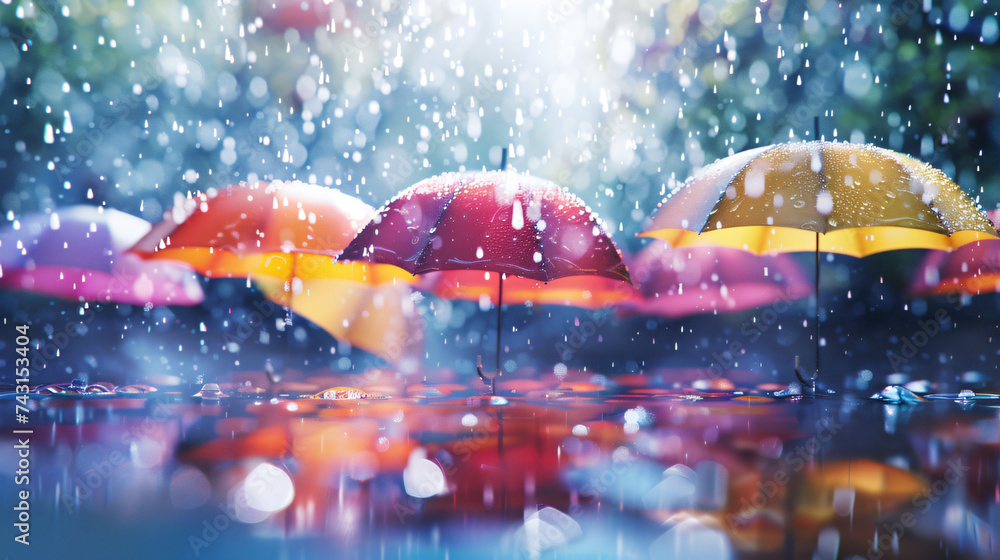 illustration of a spring rain shower, with raindrops falling gently, puddles forming on the ...
