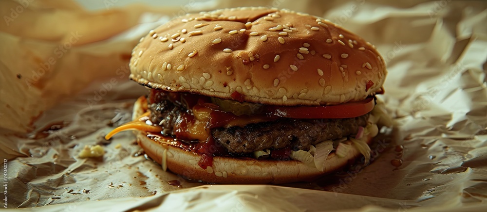 A close-up view of a fast-food burger sitting atop a greasy piece of ...