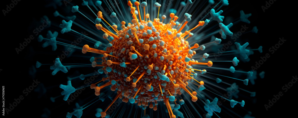 A striking 3D visualization presents the coronavirus with red spikes on ...