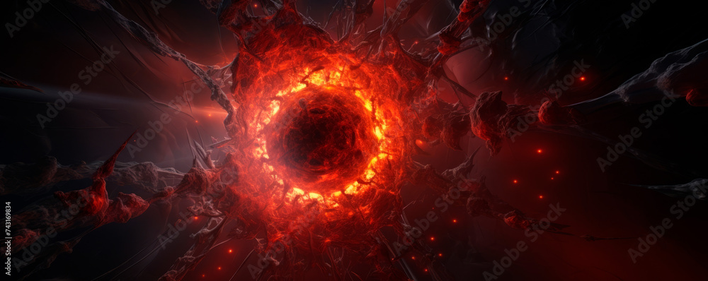 In a nebula-like environment, a reddish sphere undergoes dynamic ...