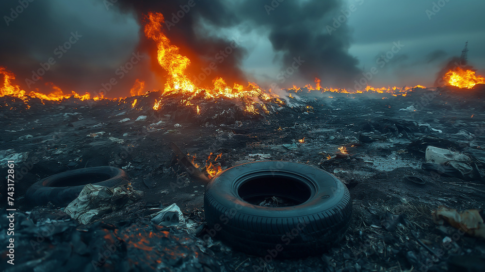 Landfill in fire and smoke, tires and waste burning, Ecological ...