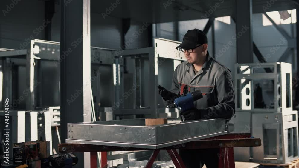 The work of a professional worker with a rivet gun in uniform in the ...