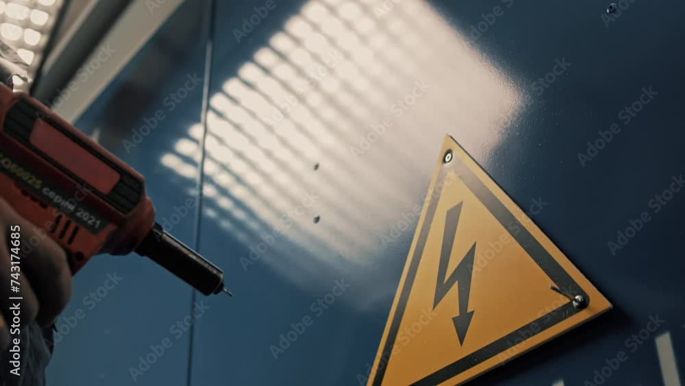 Warning sign yellow triangle with a lightning bolt on a switch cabinet ...
