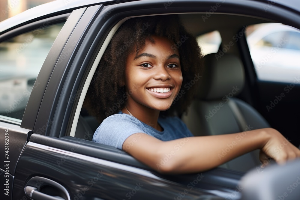 Smiling Teenage Girl Driving Car. Young African American female driver ...