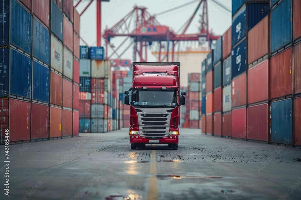 A red truck in a container terminal ready for loading or unloading ...