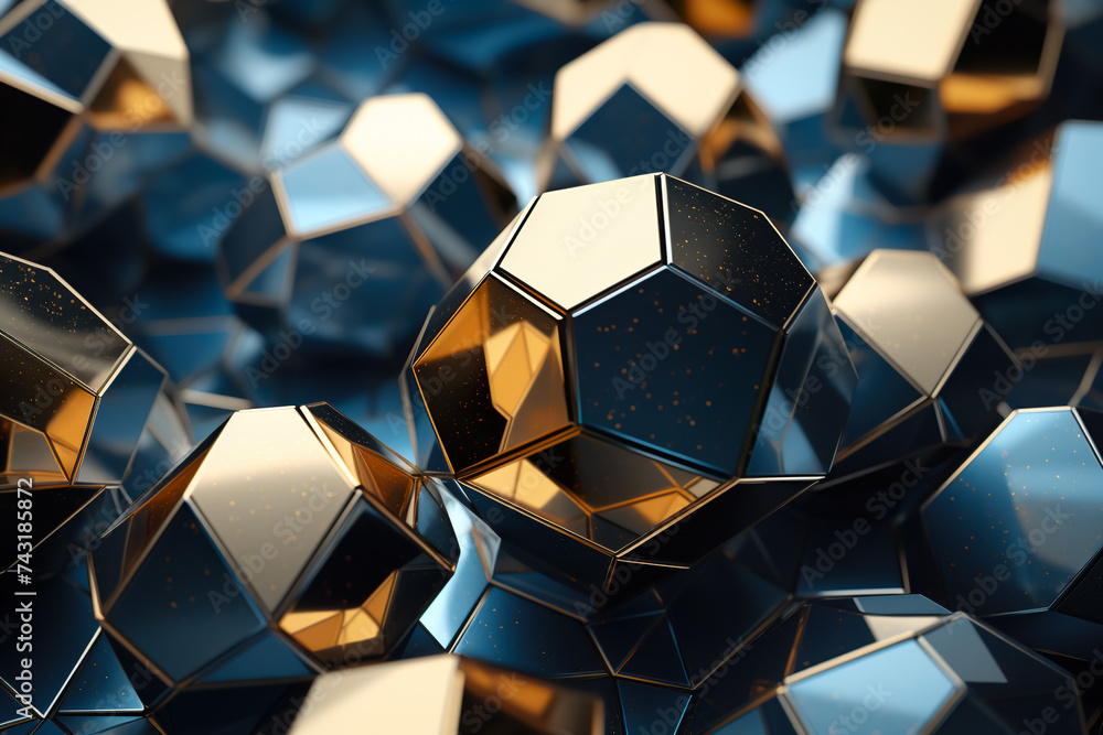A 3D geometric abstraction with a metallic color scheme. The shapes are ...