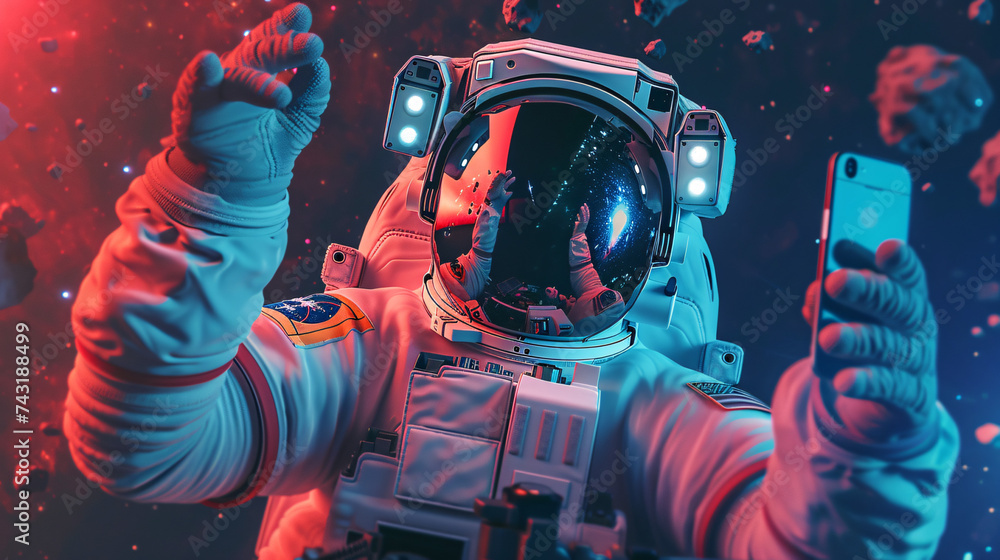 POV Selfie of a Man in a Space Suit Talking on a Video Call in Outer ...