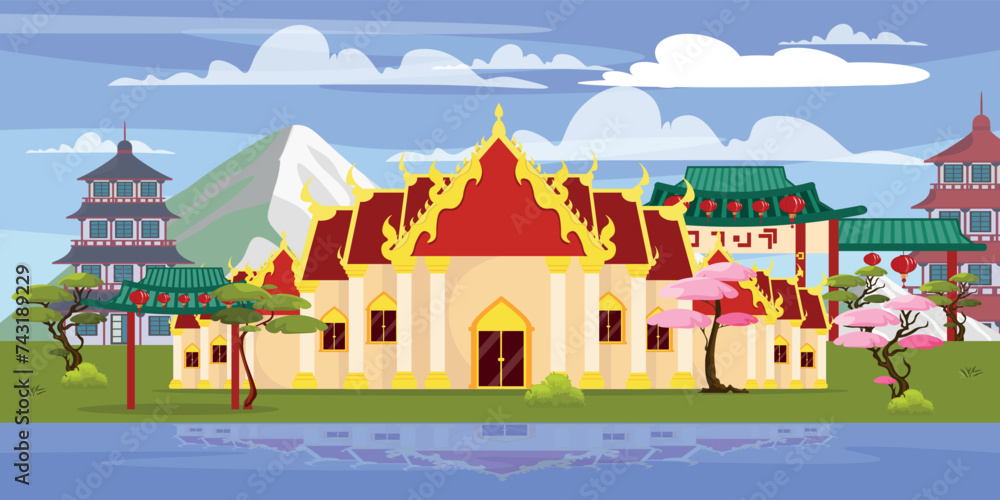 Vector illustration of a beautiful landscape with Asian buildings ...