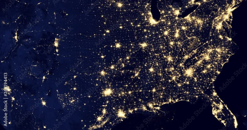 The bright lights of many USA cities at night, as seen from an orbiting ...
