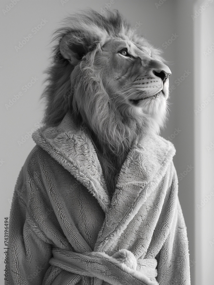 Regal Lion in Bathrobe, Black and White Humorous Poster for Bathroom ...
