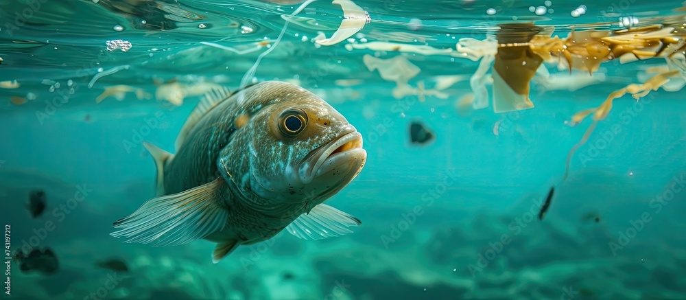 A group of fish swim together in the water, moving gracefully and ...