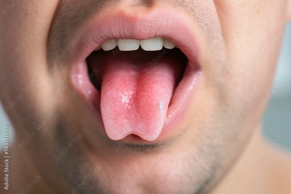 Open mouth close-up with tongue out, signs of potential oral health ...