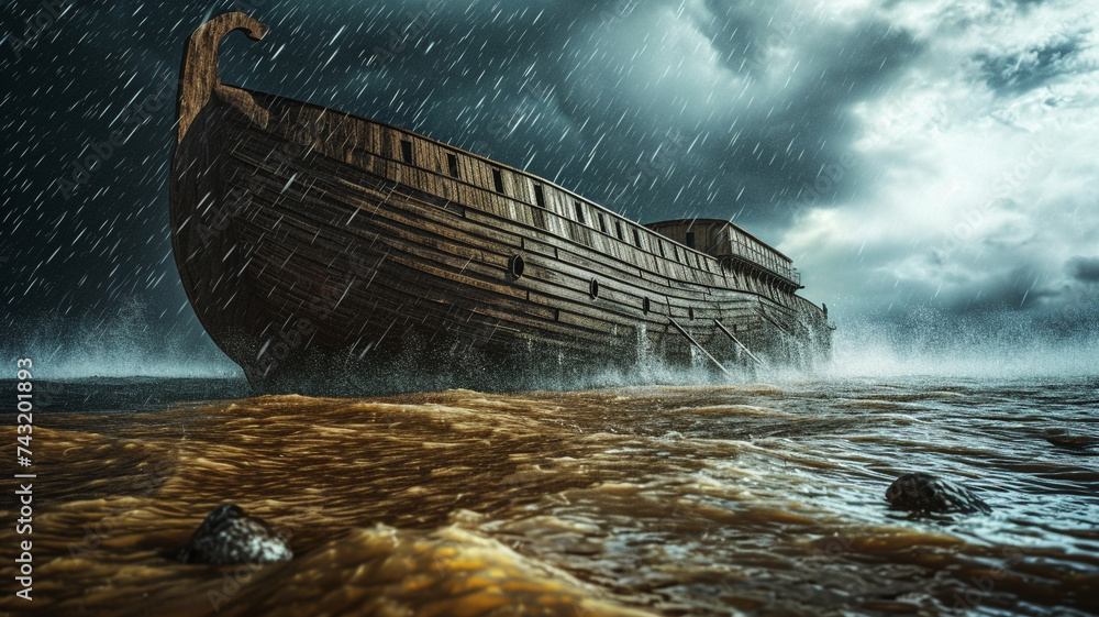 Noah's Ark, animals in the storm, bad weather, rain, sea, boat flood ...