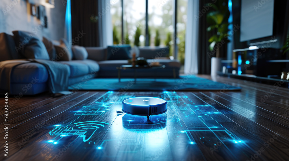 Vacuum cleaner robot works at smart home, blue light of digital route ...