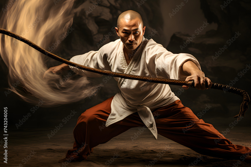 Man making Karate with a stick, fight sport, asian traditional Karate ...