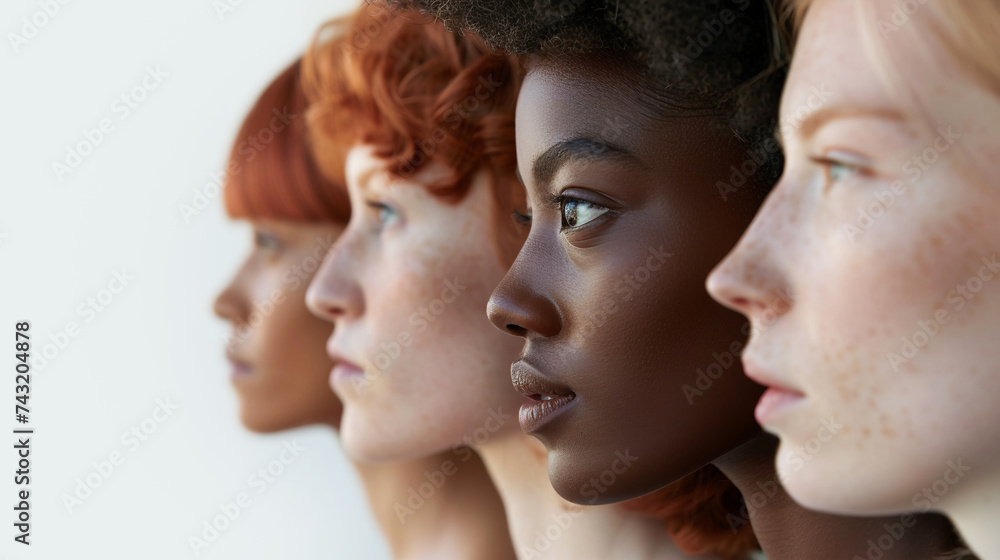 Beautiful girls Caucasian and POC faces in a row side view. Natural ...