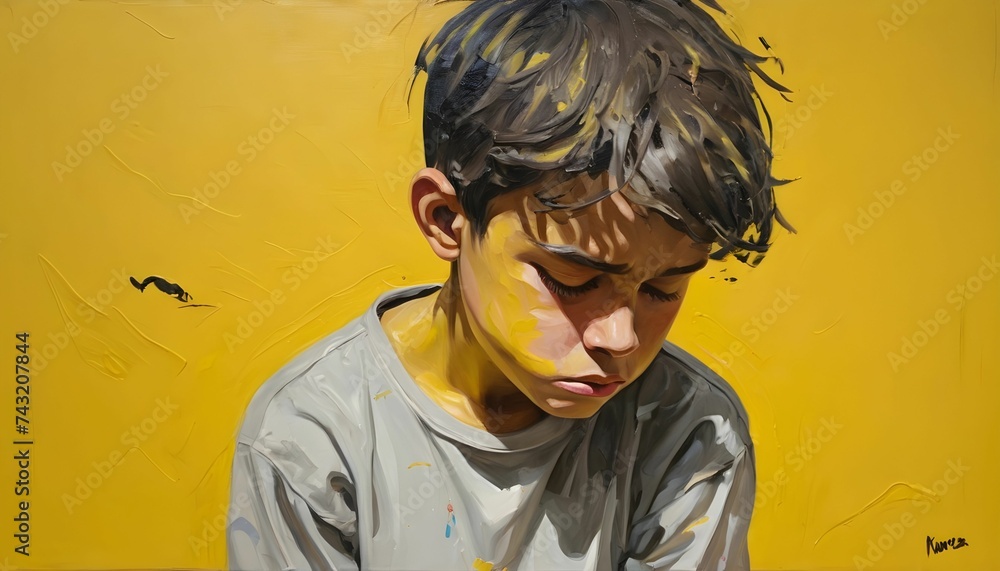 Depression and Anxiety Heavy Burden of boy with yellow background ...
