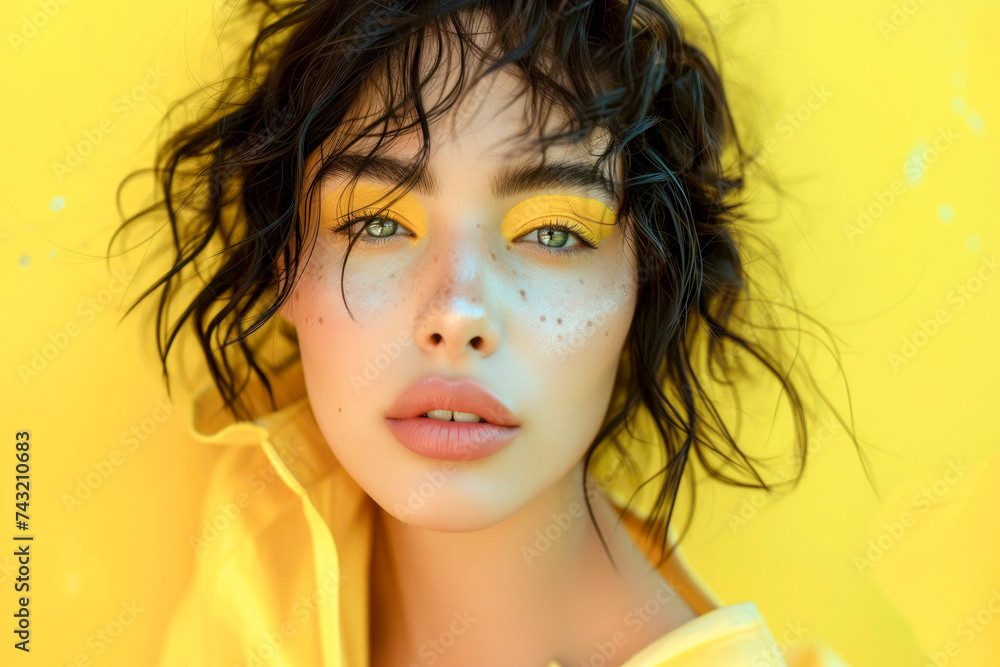 Androgynous model with striking makeup on yellow backdrop. Generative ...