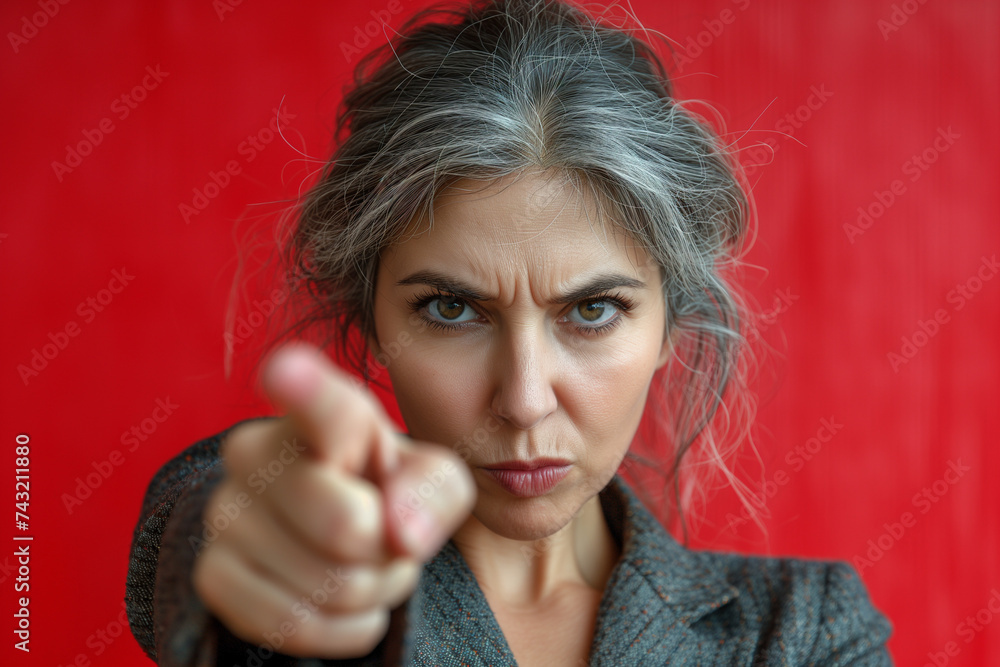 Angry business woman, senior female boss raging finger pointing, anger ...