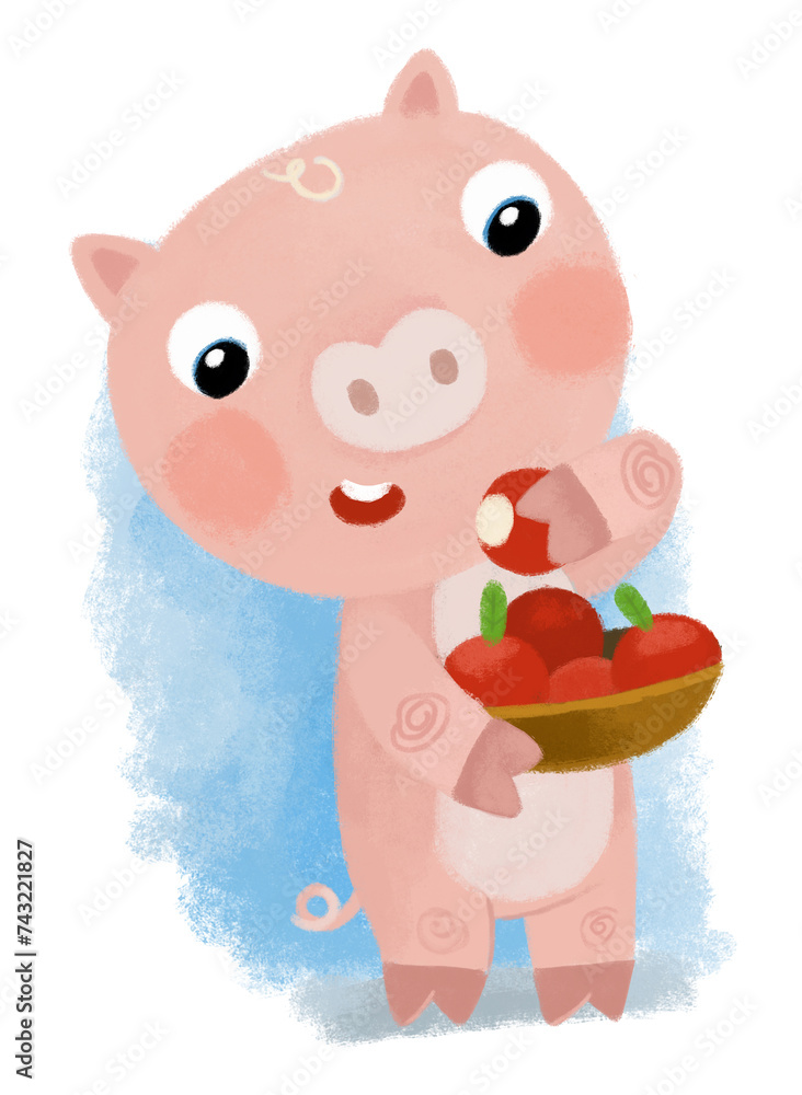 cartoon scene with happy farmer ranch pig hog holding basket full of ...