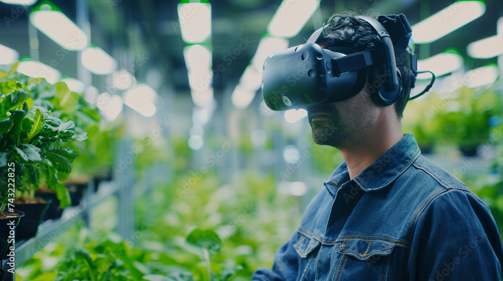 A farmer wearing a VR headset to visualize crop data with an ...