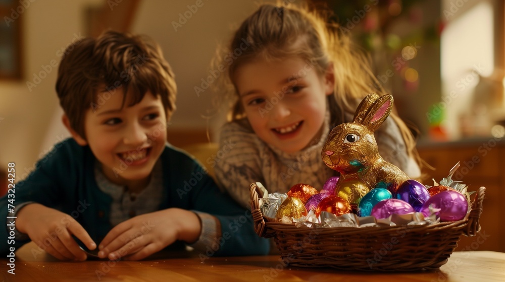 Happy children with chocolate Easter eggs and bunny, smiling siblings ...