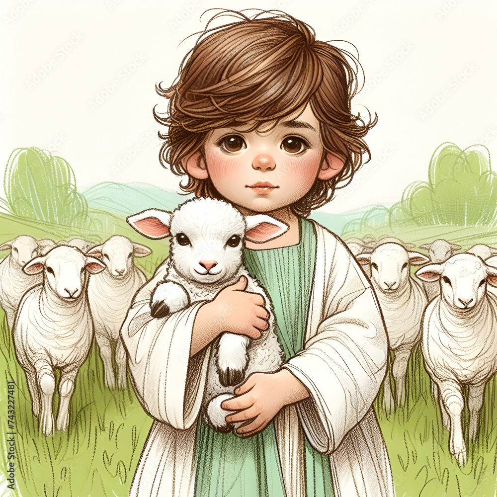 adorable illustration of a shepherd boy, a captivating and symbolic ...