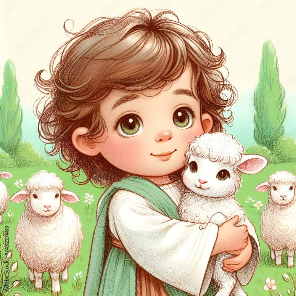 adorable illustration of a shepherd boy, a captivating and symbolic ...