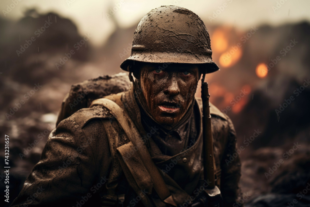 World War I soldier standing in a muddy trench wearing a gas mask ...